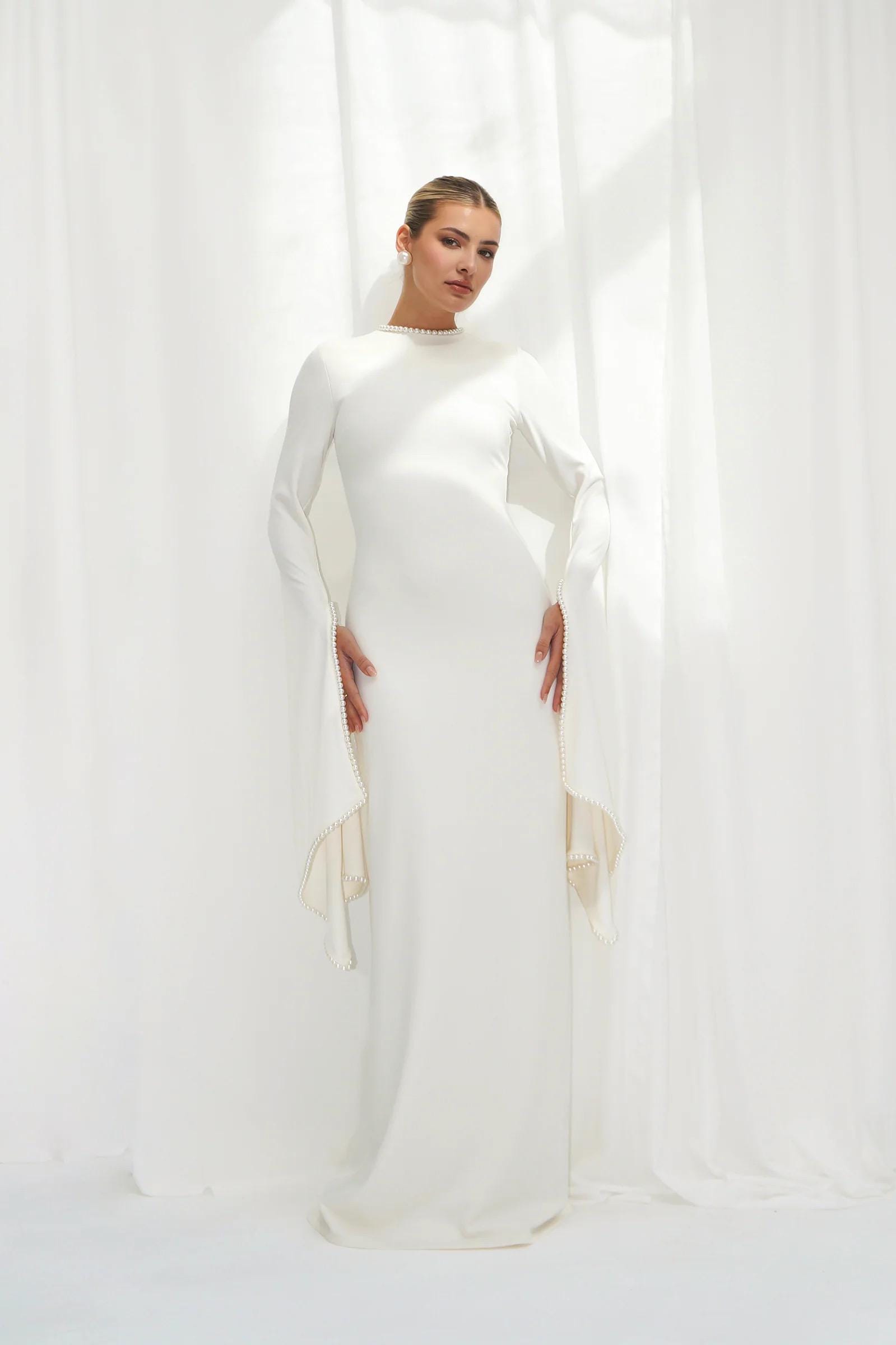 A-line Pearl Trimm Sleeves Maxi Dress - off White | Tzinut Fashion ...