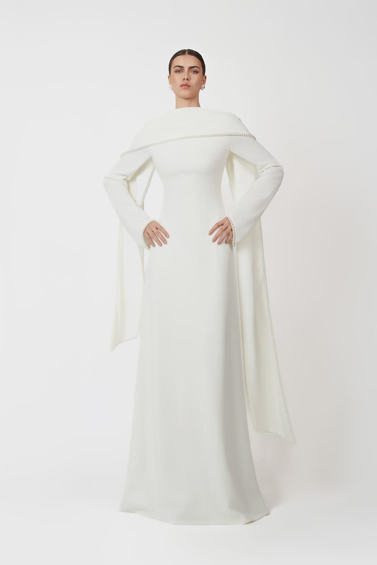 A-line Pearl Trimm Maxi Dress - off White | Tzinut Fashion | Modest ...