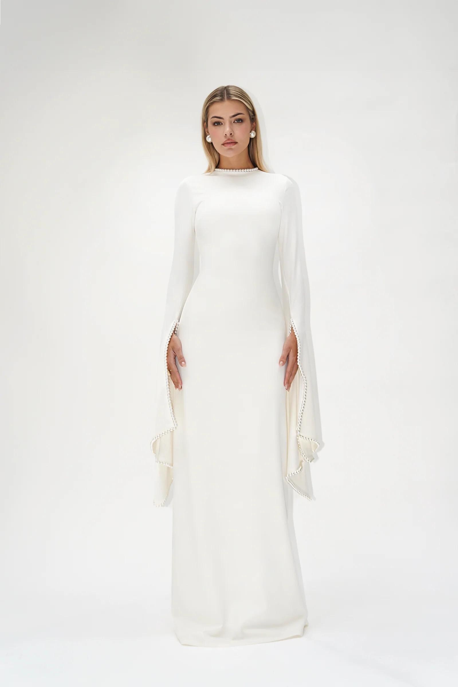 A-line Pearl Trimm Sleeves Maxi Dress - off White | Tzinut Fashion ...