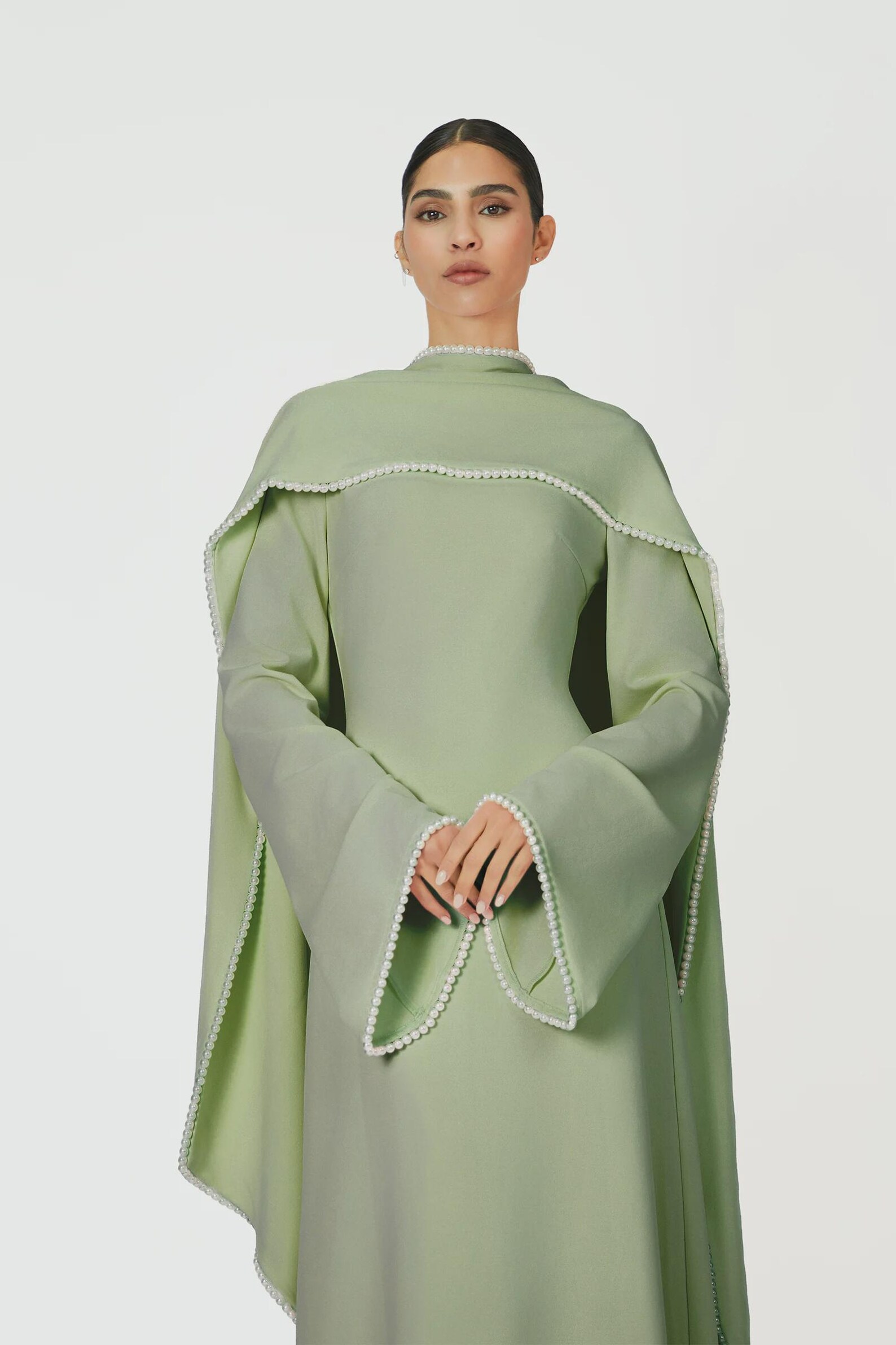 A-line Pearl Trim Maxi Dress - Sage Green | Tzinut Fashion | Modest ...