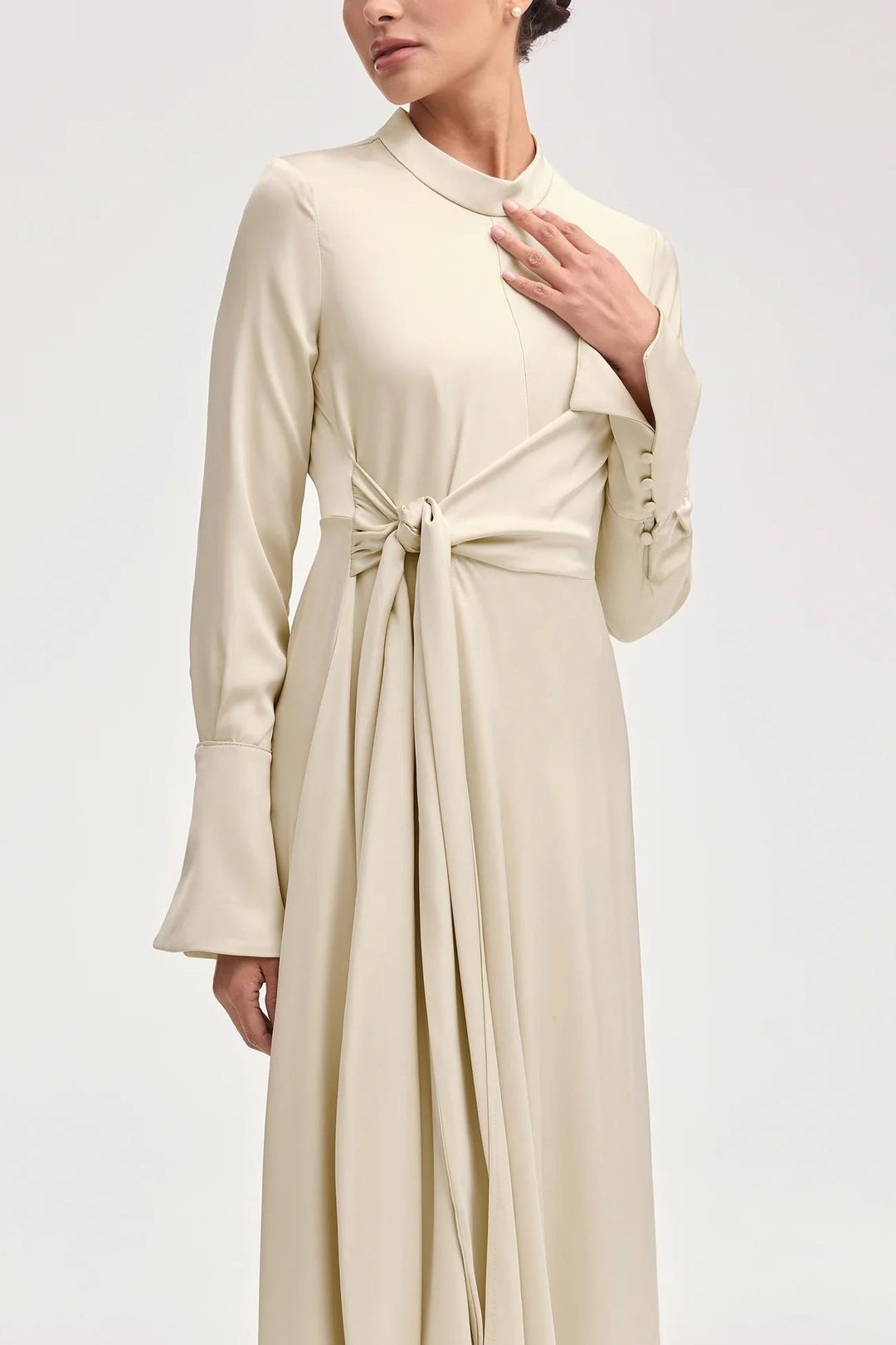 Satin Side Tie Maxi Dress - Stone| Tzinut Fashion | Modest Gown ...