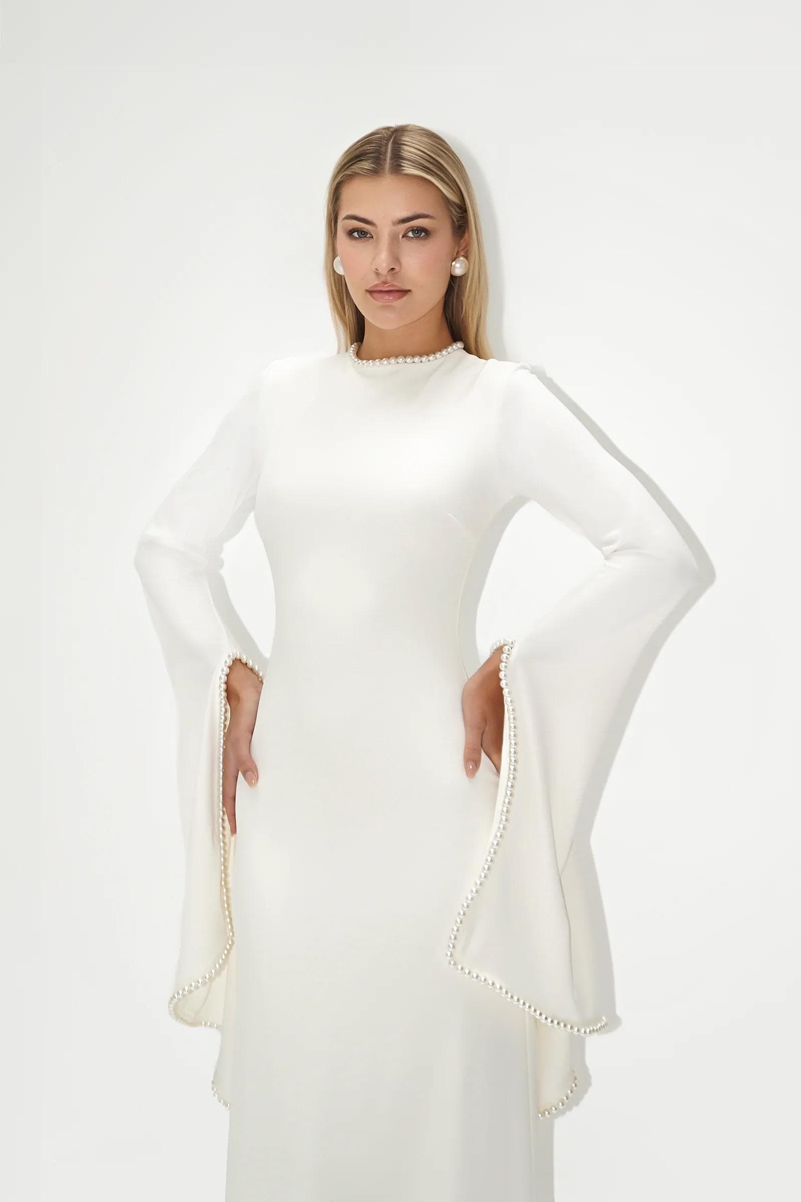 A-line Pearl Trimm Sleeves Maxi Dress - off White | Tzinut Fashion ...