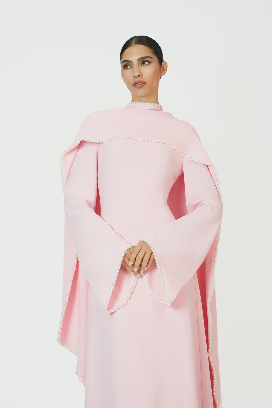 A-line Pearl Trim Maxi Dress - Blush Pink | Tzinut Fashion | Modest ...