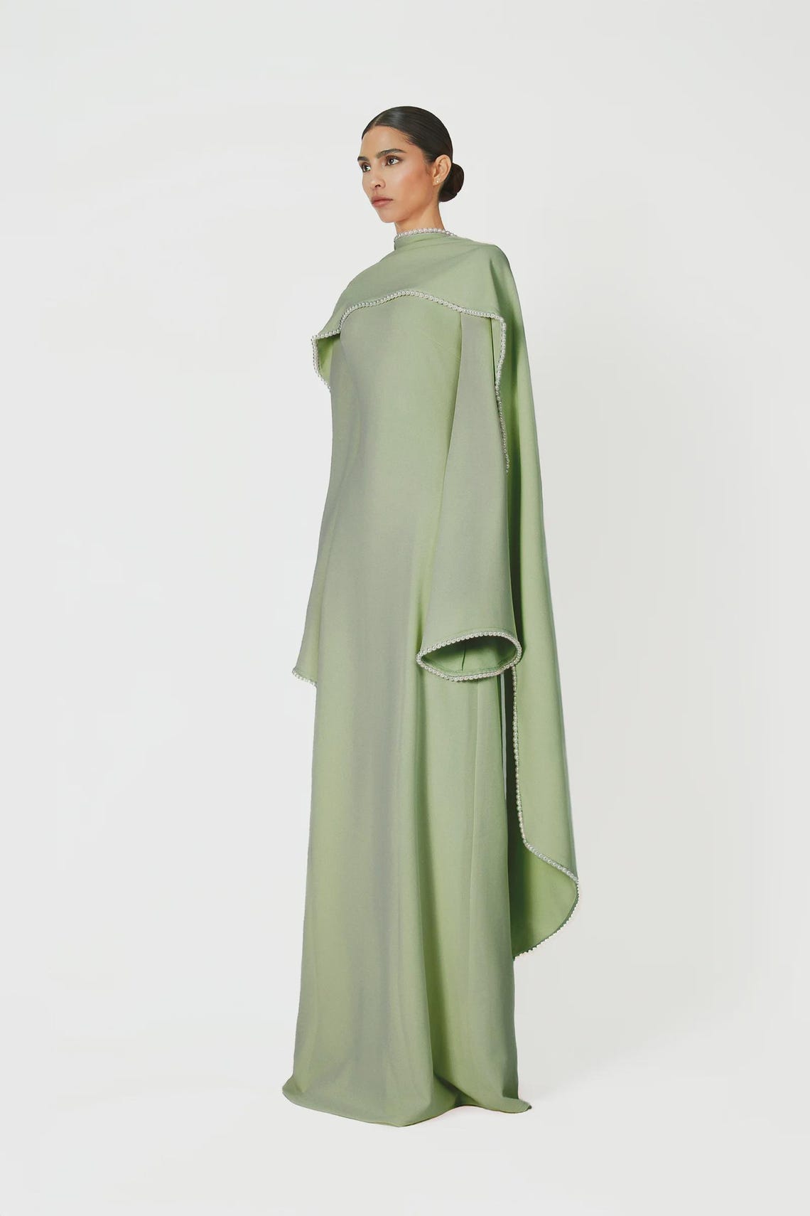 A-line Pearl Trim Maxi Dress - Sage Green | Tzinut Fashion | Modest ...