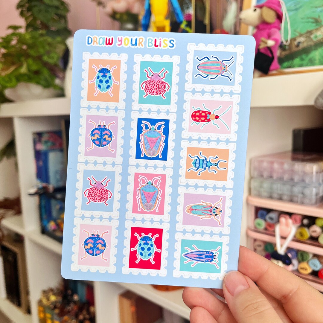 Faux Stamp Sticker Sheets With Colorful Beetles - Watercolor Insects ...