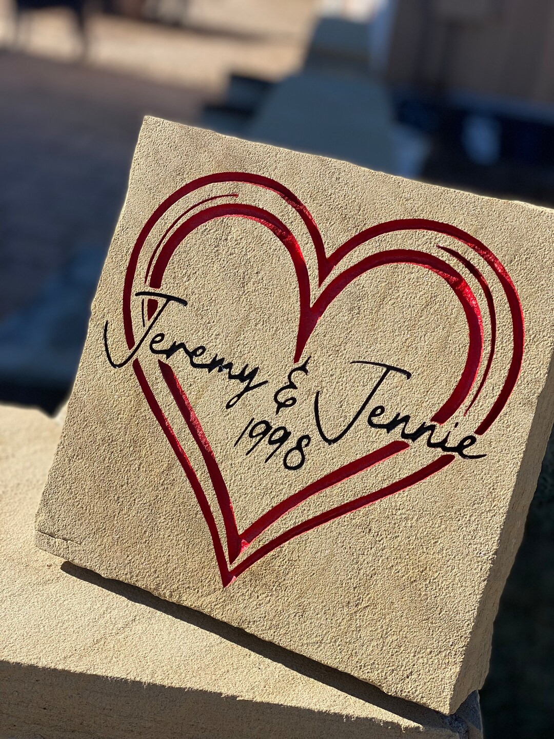 10x10 Double Heart Engraved Stone With Personalization - Etsy