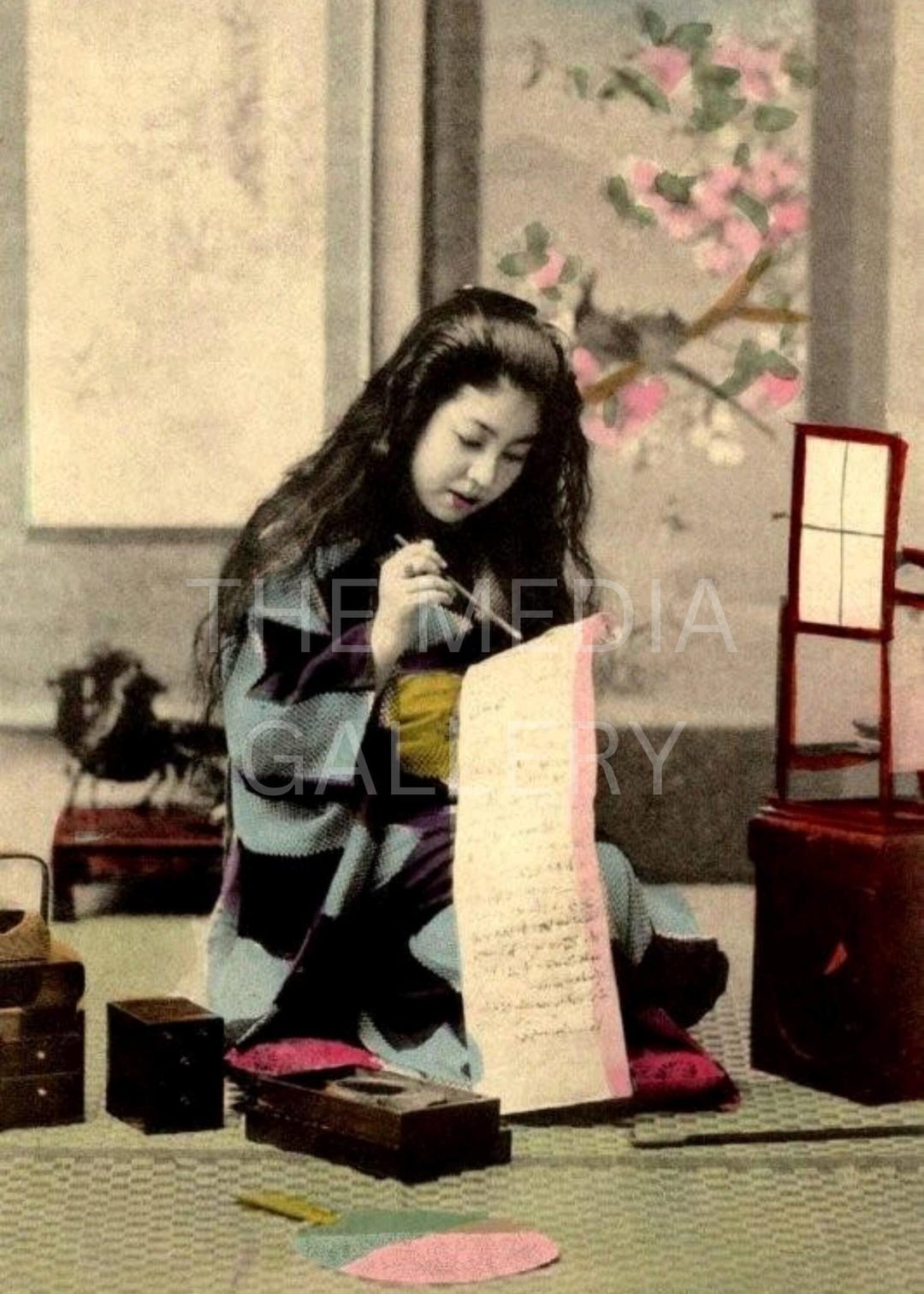 Japanese Geisha Girl Writing Colorized Photo Print Japanese Art Vintage ...