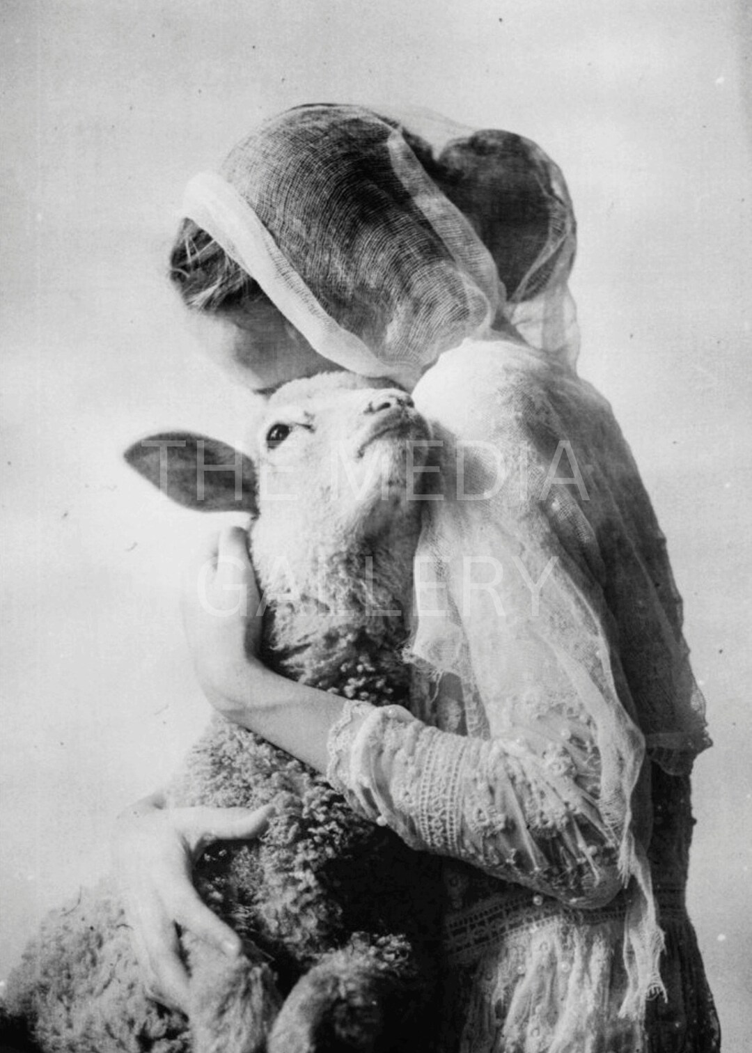 Girl Hugging Lamb Vintage Old Photo Print Nursery Art Print Victorian ...