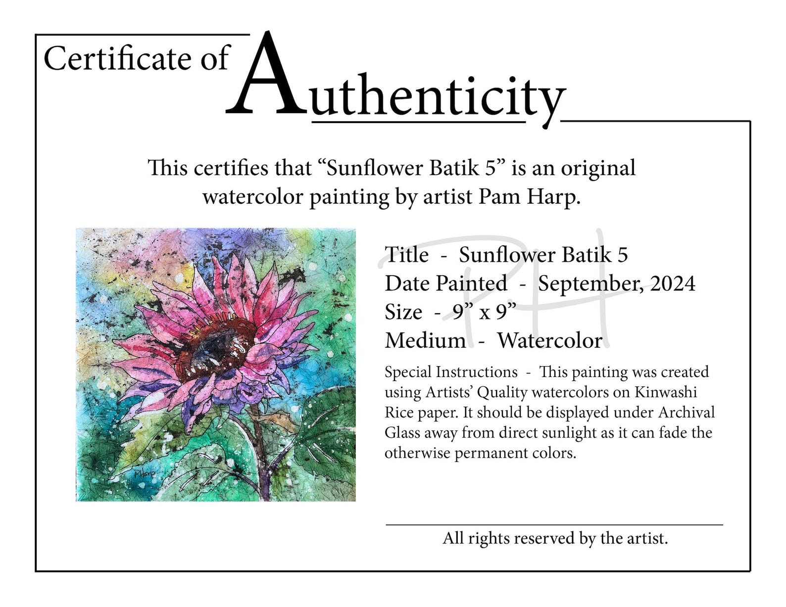 Watercolor Sunflower Batik, Signed Original, Unframed. Gift for Her ...