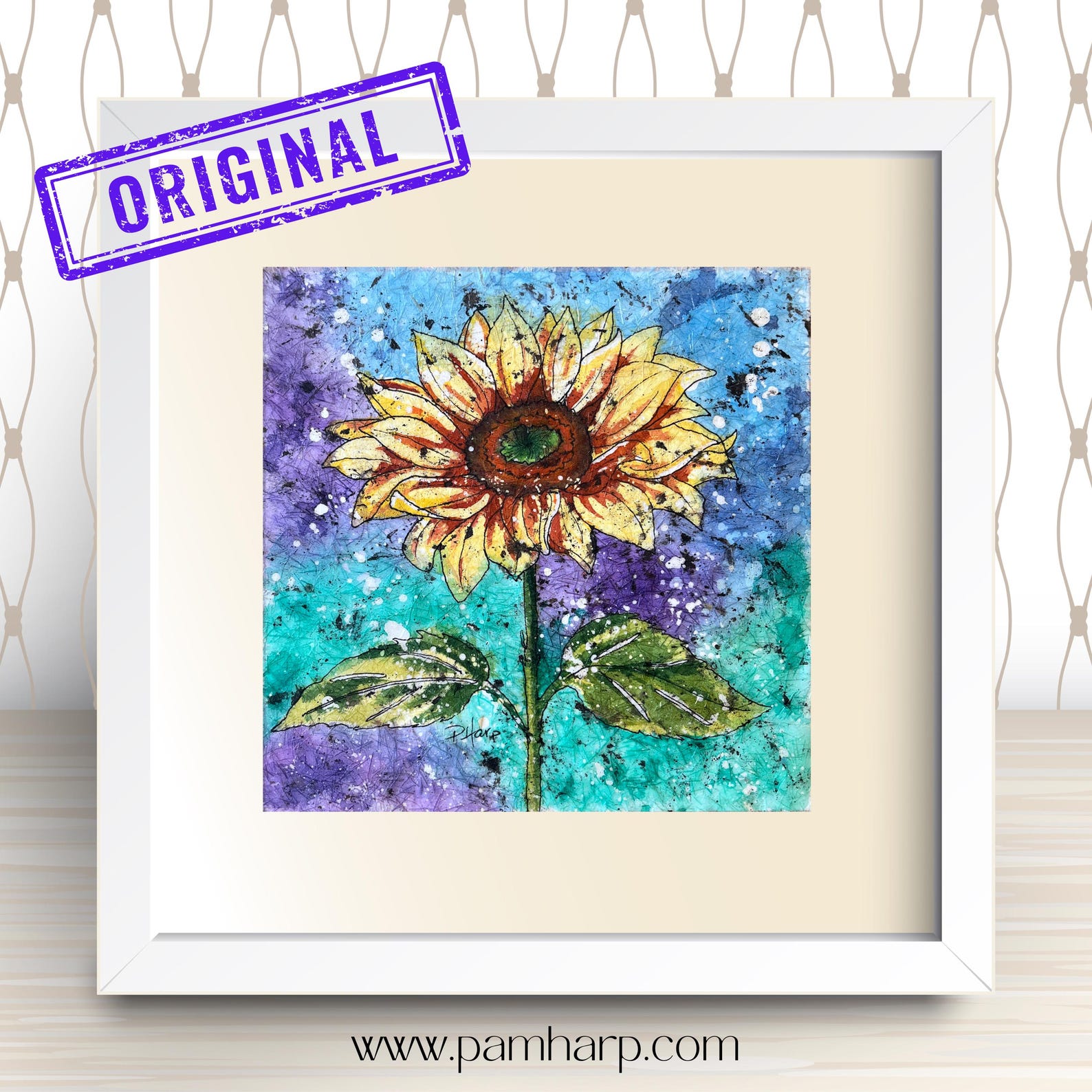 Watercolor Sunflower Batik, Signed Original, Unframed. Mother's Day ...