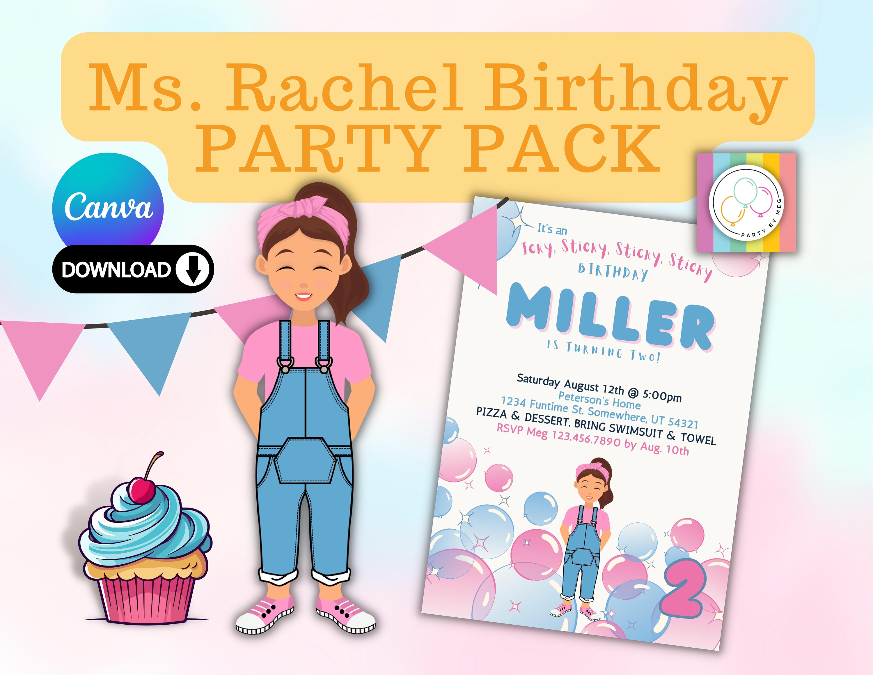 Ms Rachel Birthday Party Pack | Bundle | Banner | Thank You Tags | Cake ...