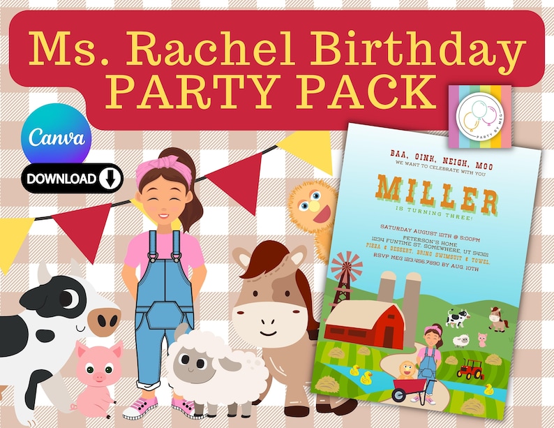 Ms. Rachel Farm Birthday Party Pack Bundle Banner Thank You Tags Cake ...