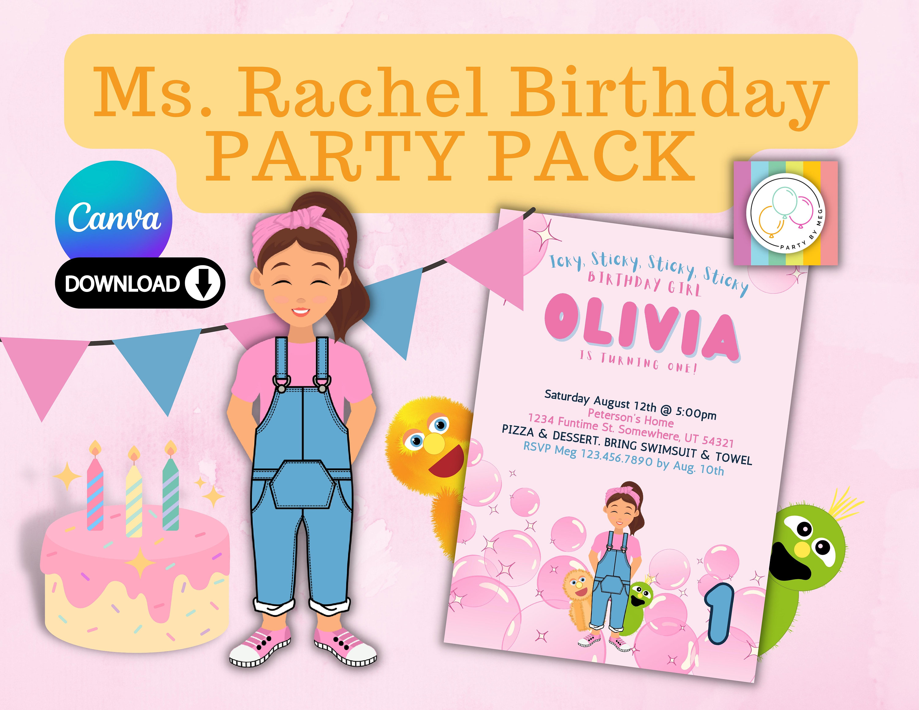 Ms Rachel Birthday Party Pack Bundle Banner Thank You Tags Cake Toppers ...