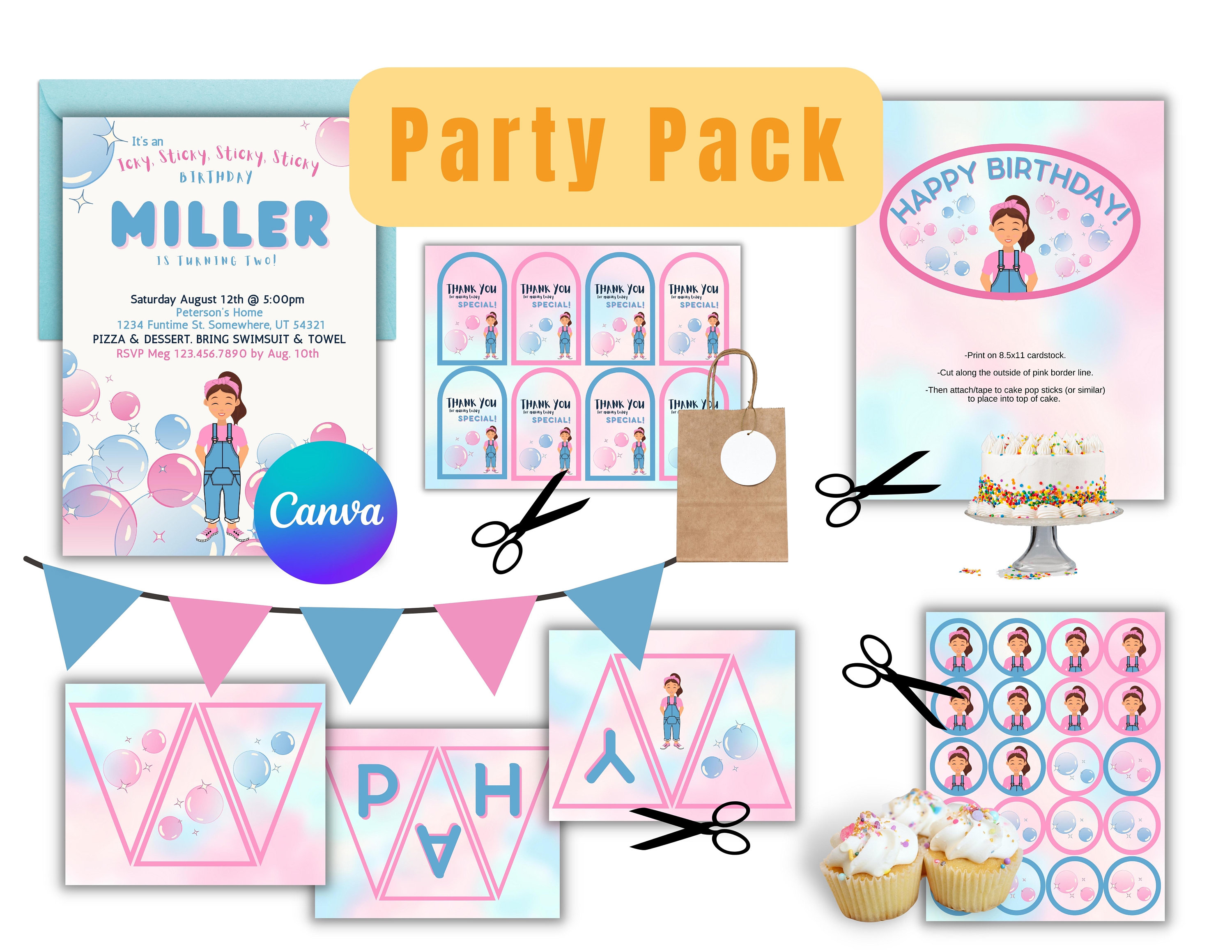 Ms Rachel Birthday Party Pack | Bundle | Banner | Thank You Tags | Cake ...