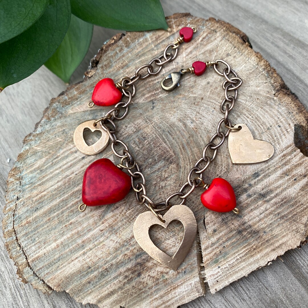 Love Charms Bronze and Red Howlite Heart Charm Bracelet - Etsy UK
