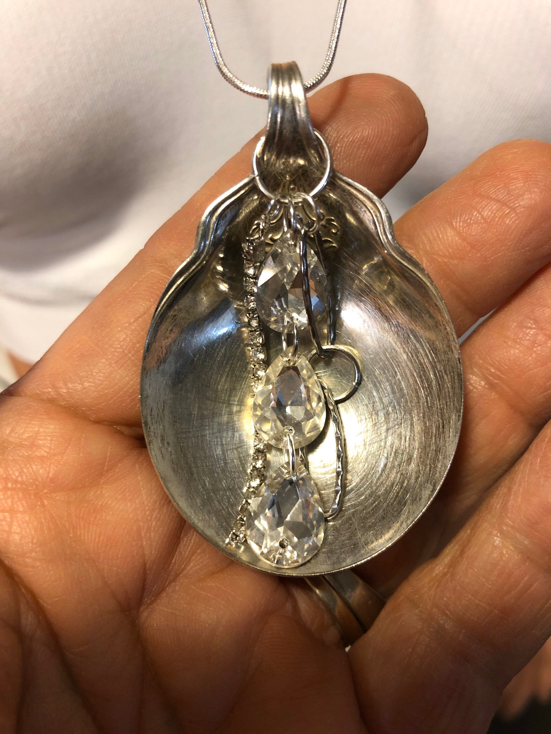 Antique spoon necklace with crystal and chain dangles