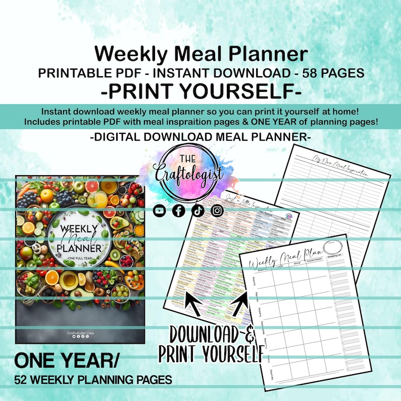PRINTABLE Weekly Meal Planner by Craftologist Cass With 52 Weeks / 1 ...