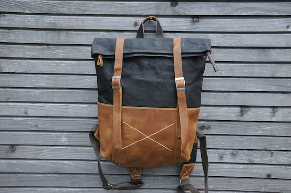 Vintage Backpack made of leather and canvas canvas bag black | Etsy