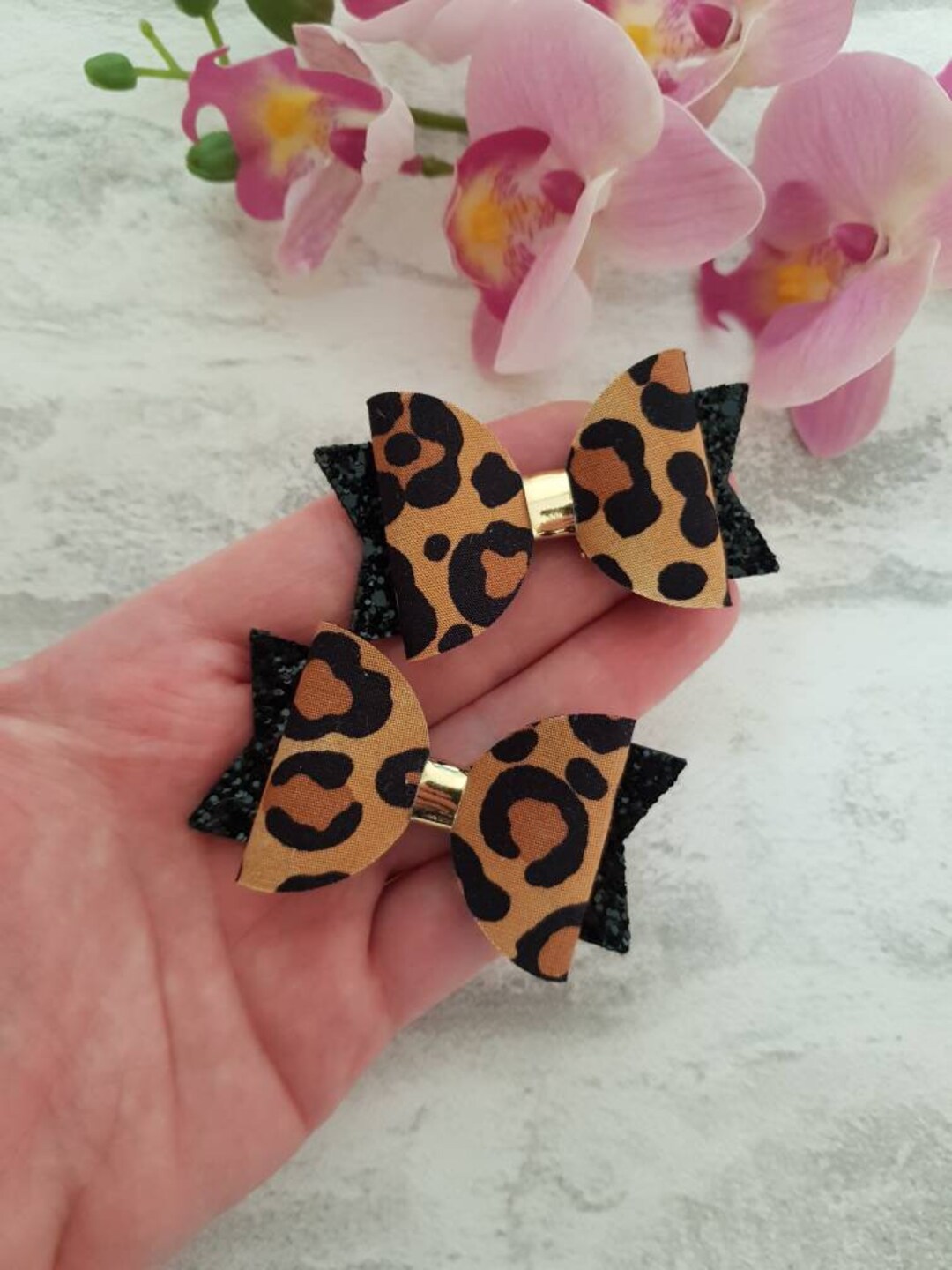 Leopard Print Bows, Animal Print Pigtails, Pair Glitter Bows, Small ...
