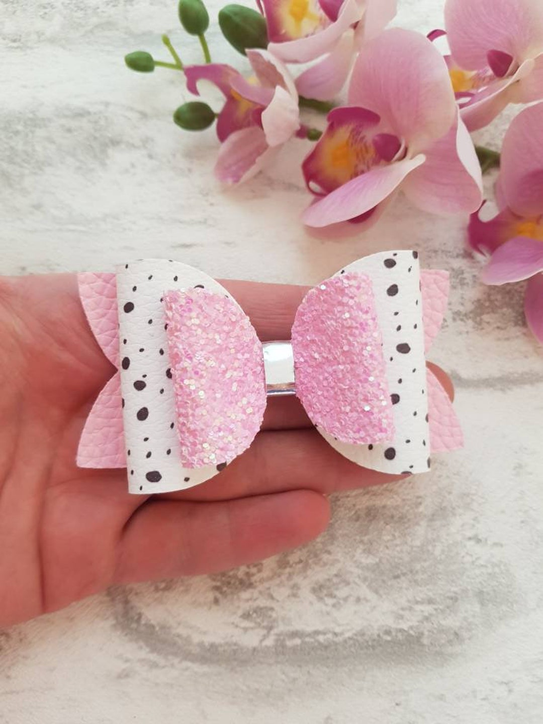 Pink Dalmation Bow, Glitter Hair Bows, Polka Dot Bow, Glitter Hair ...