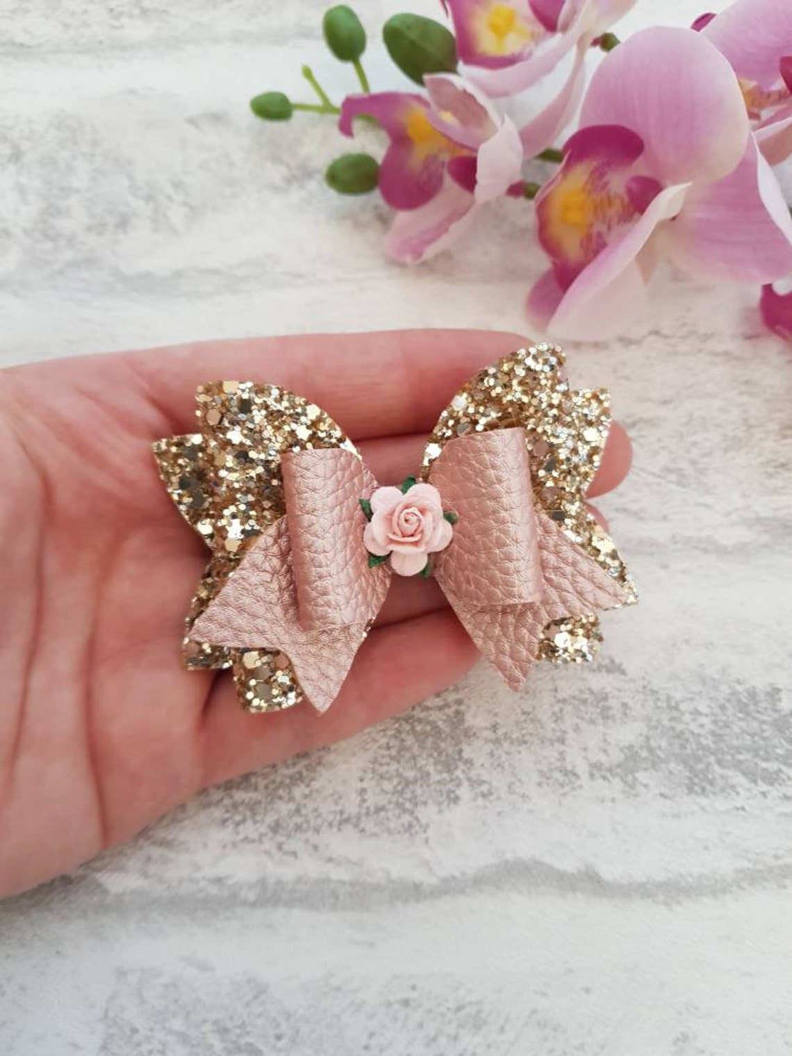 Gold Fancy Hairbow, Flower Hair Bows, Glitter Hair Clips, Girls Hair ...