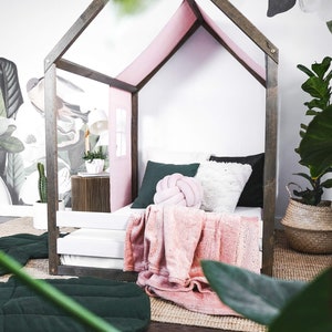 Kids Bed With Pastel Pink Linen Cover and Rails, US Size, House Bed ...