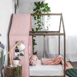 Kids Bed With Pastel Pink Linen Cover and Rails, US Size, House Bed ...