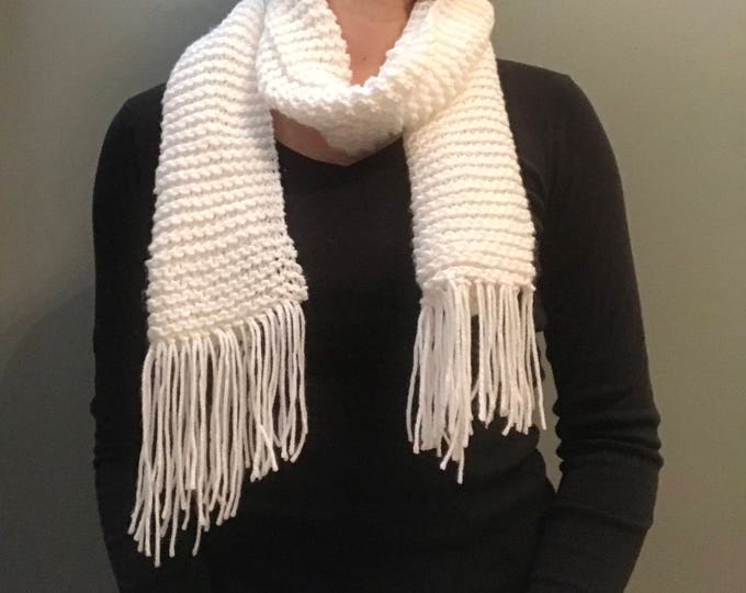 White Hand Knit Warm Scarf With Fringe - Etsy