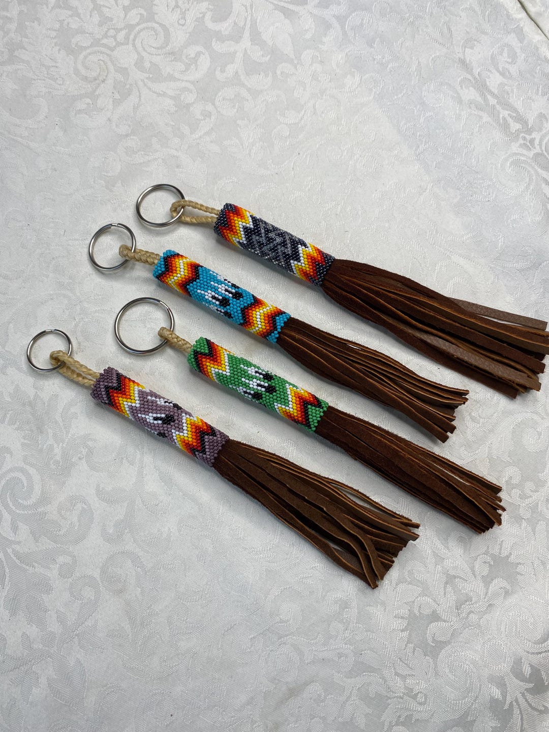 Feather Design Fully Beaded With Fringe Keychain - Handmade Native ...