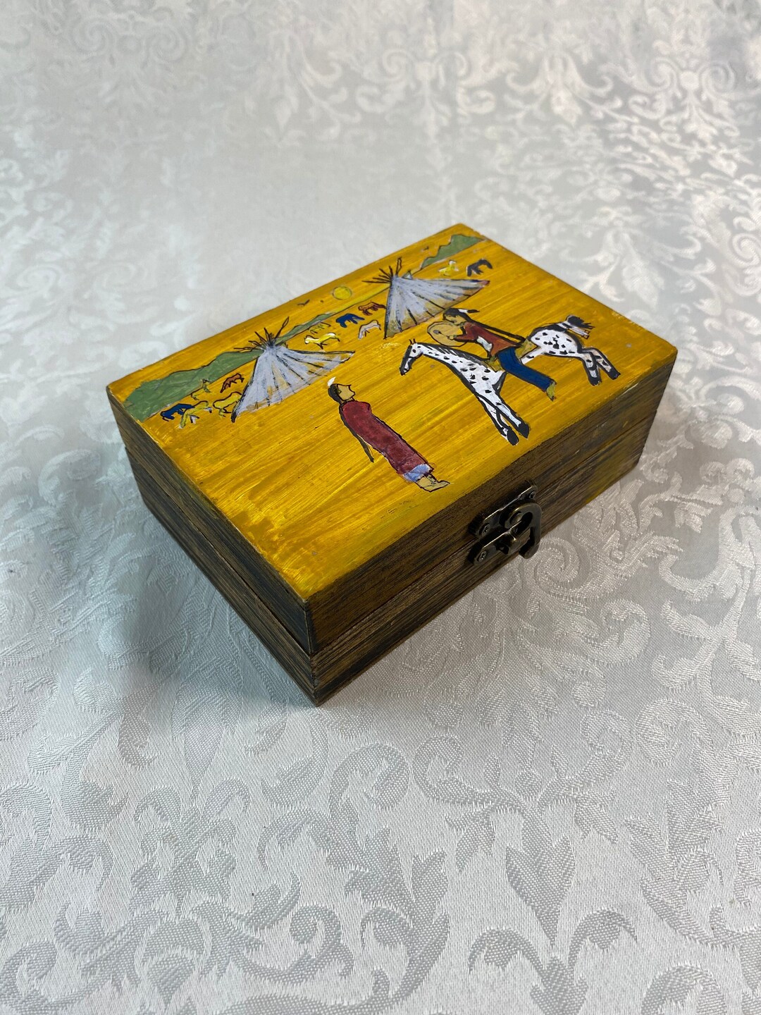 Umbrella Couple Painted Wooden Jewelry Box Native American Ledger Art ...