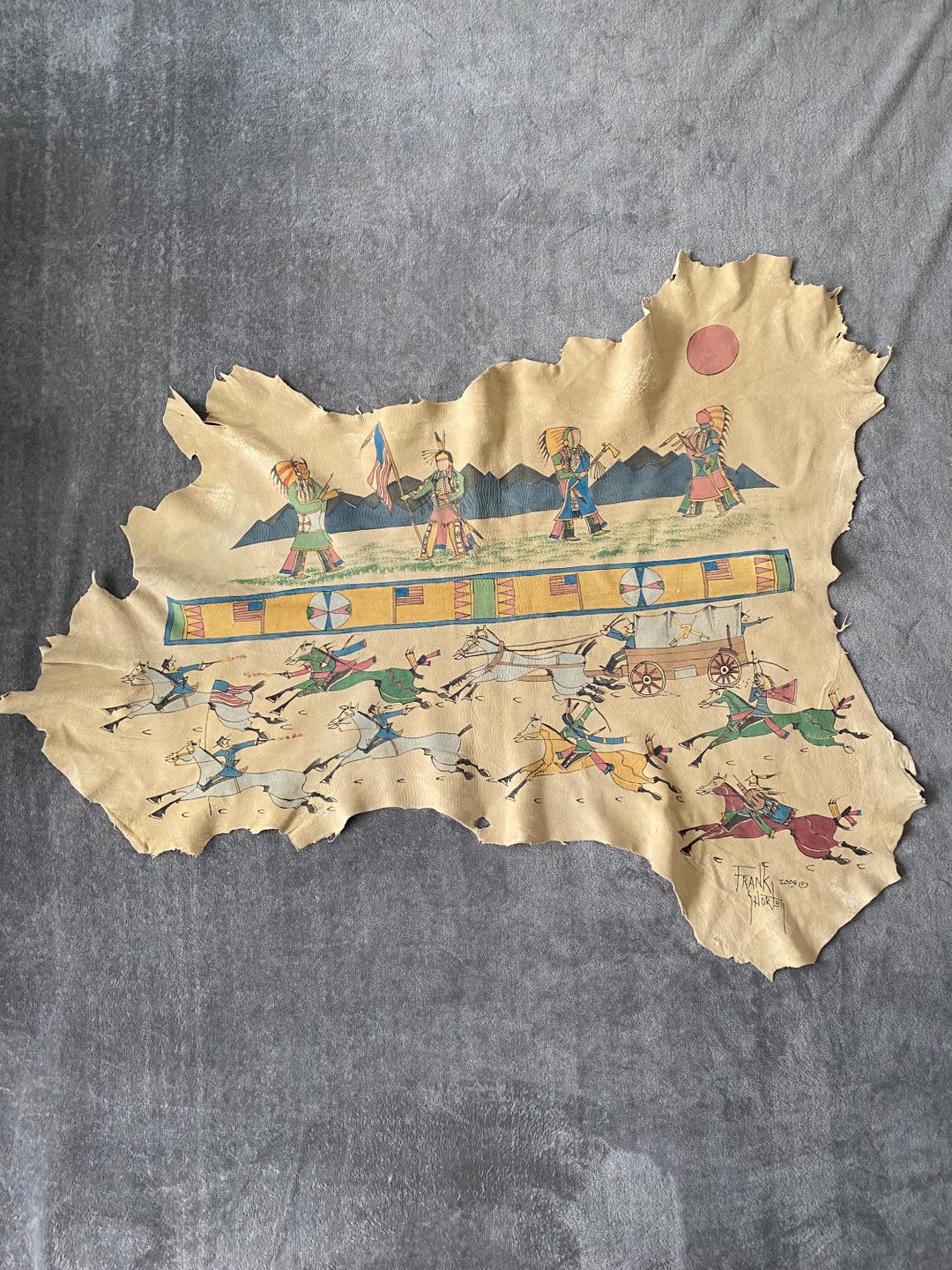 Warriors in Battle Ledger Art Hide Painting by Frank Shortey - Native ...