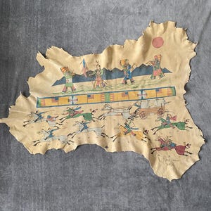 Warriors in Battle Ledger Art Hide Painting by Frank Shortey - Native ...