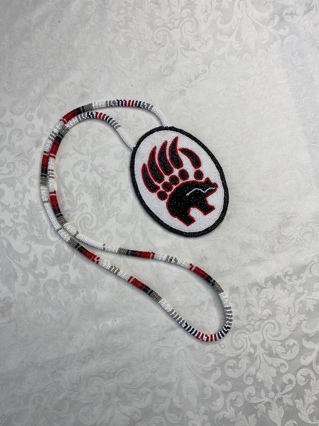 Red White Bear Paw Print Beaded Medallion Handmade Native American ...