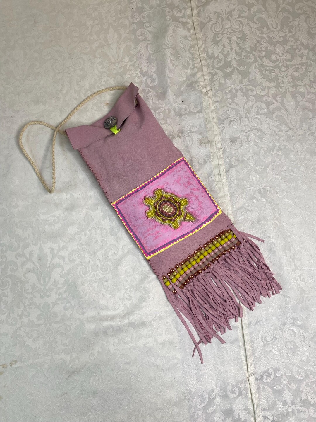 Beaded Turtle Design Pink Leather Medicine Bag - Handmade Native ...