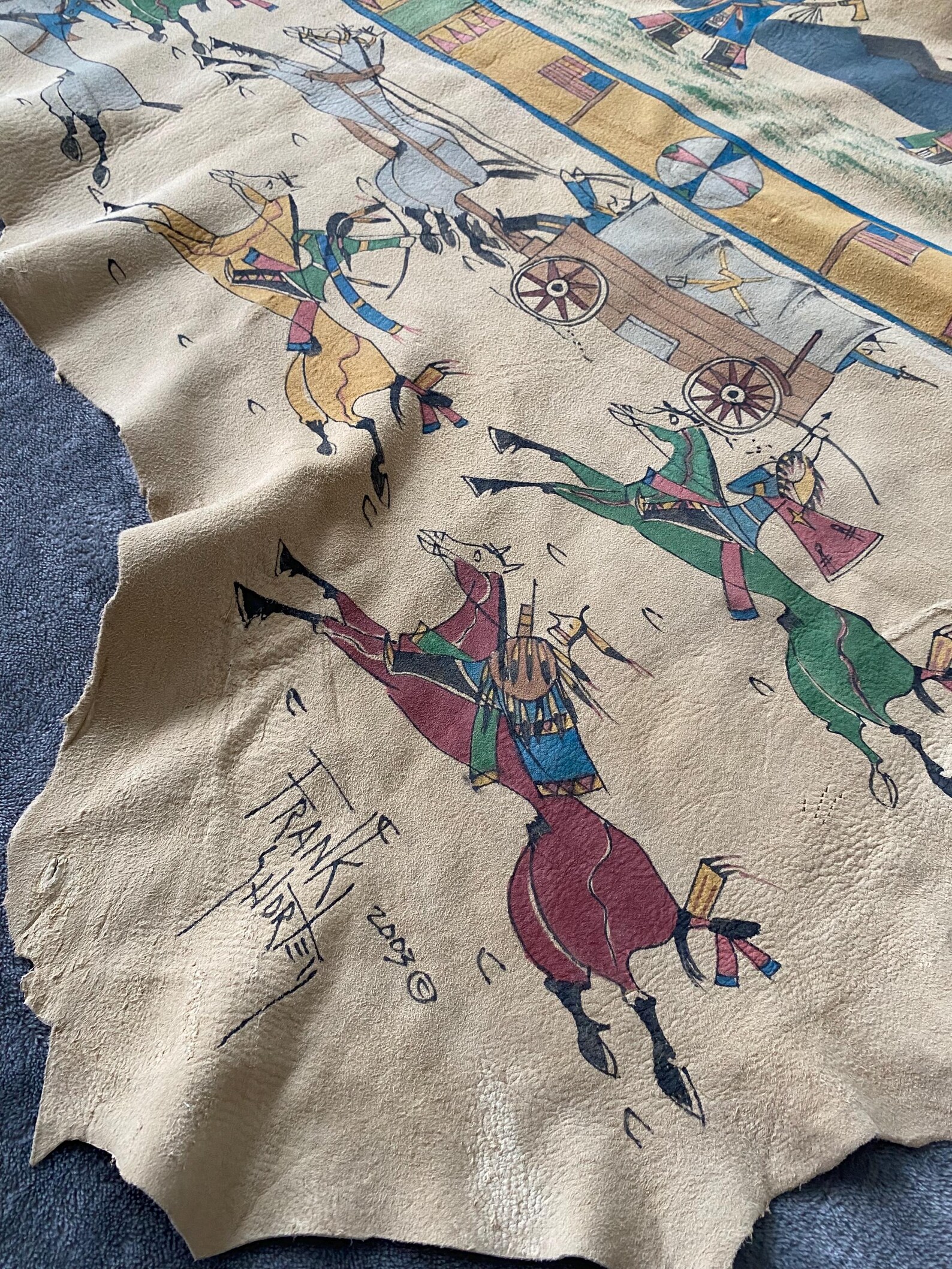 Warriors in Battle Ledger Art Hide Painting by Frank Shortey - Native ...