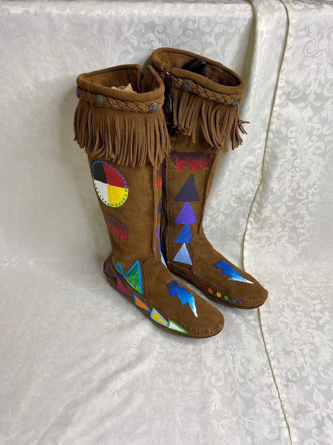 Painted Ledger Art Medicine Wheel Fringe Moccasins - Native American ...