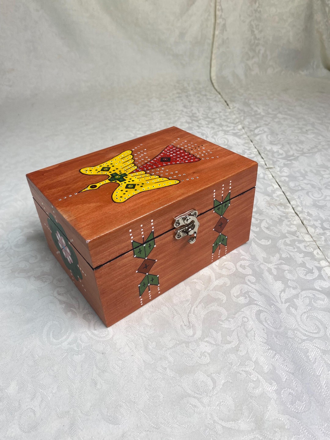 Waterbird Design Geometric Painted Wooden Jewelry Box Native American ...