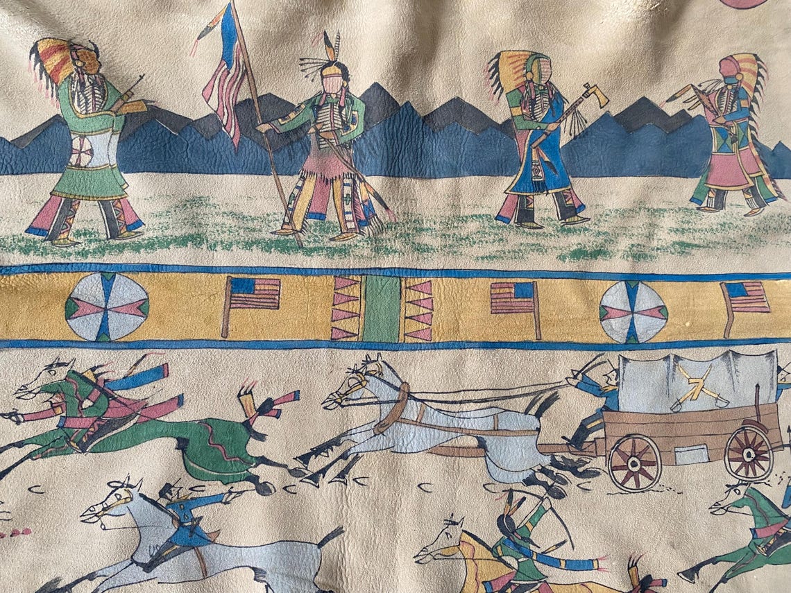 Warriors in Battle Ledger Art Hide Painting by Frank Shortey - Native ...