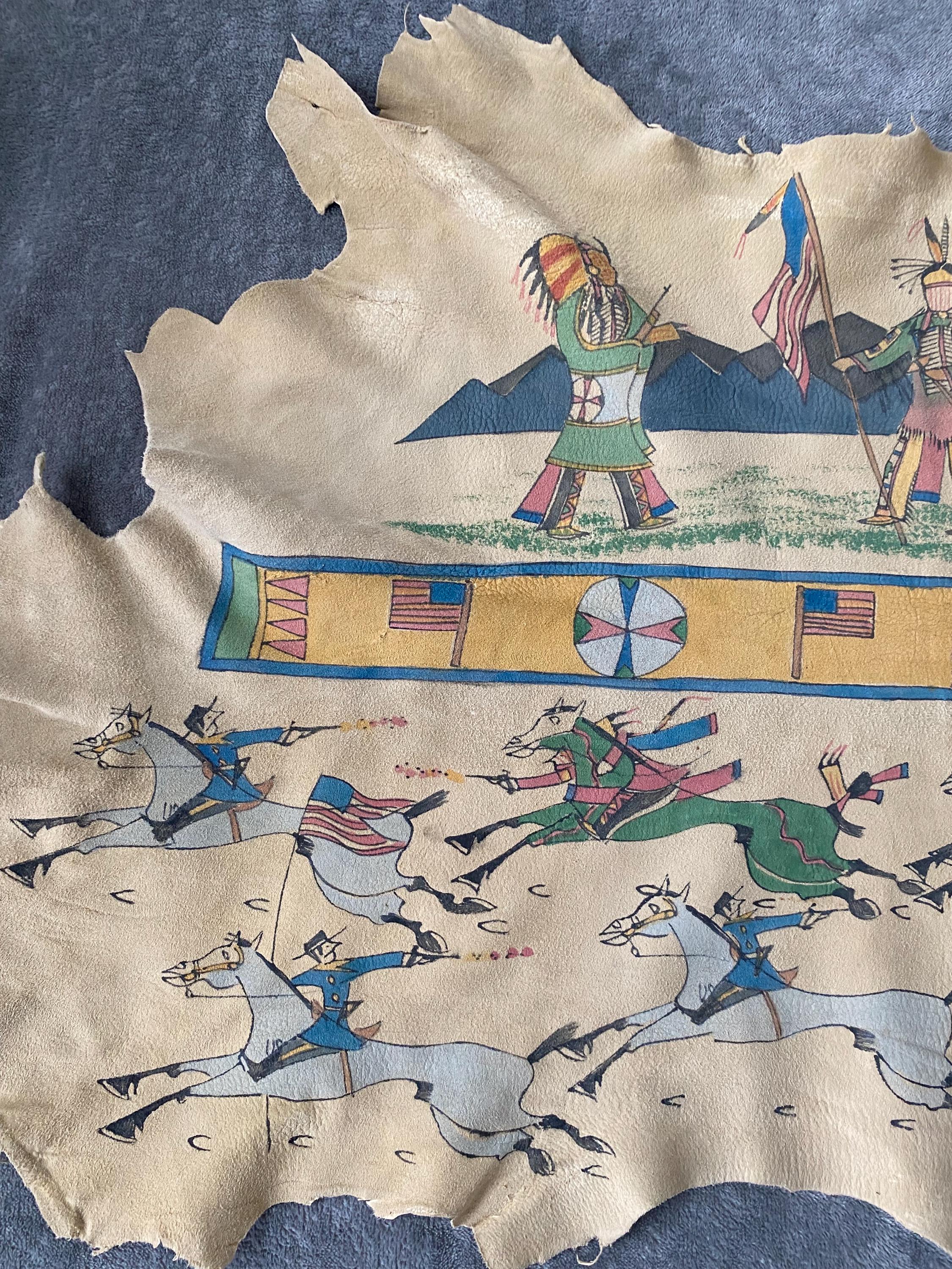 Warriors in Battle Ledger Art Hide Painting by Frank Shortey - Native ...