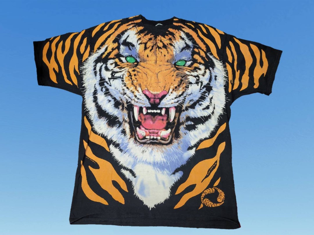 Vintage 1990s Liquid Blue Tiger Tshirt All Over Print Big Cat Graphic ...