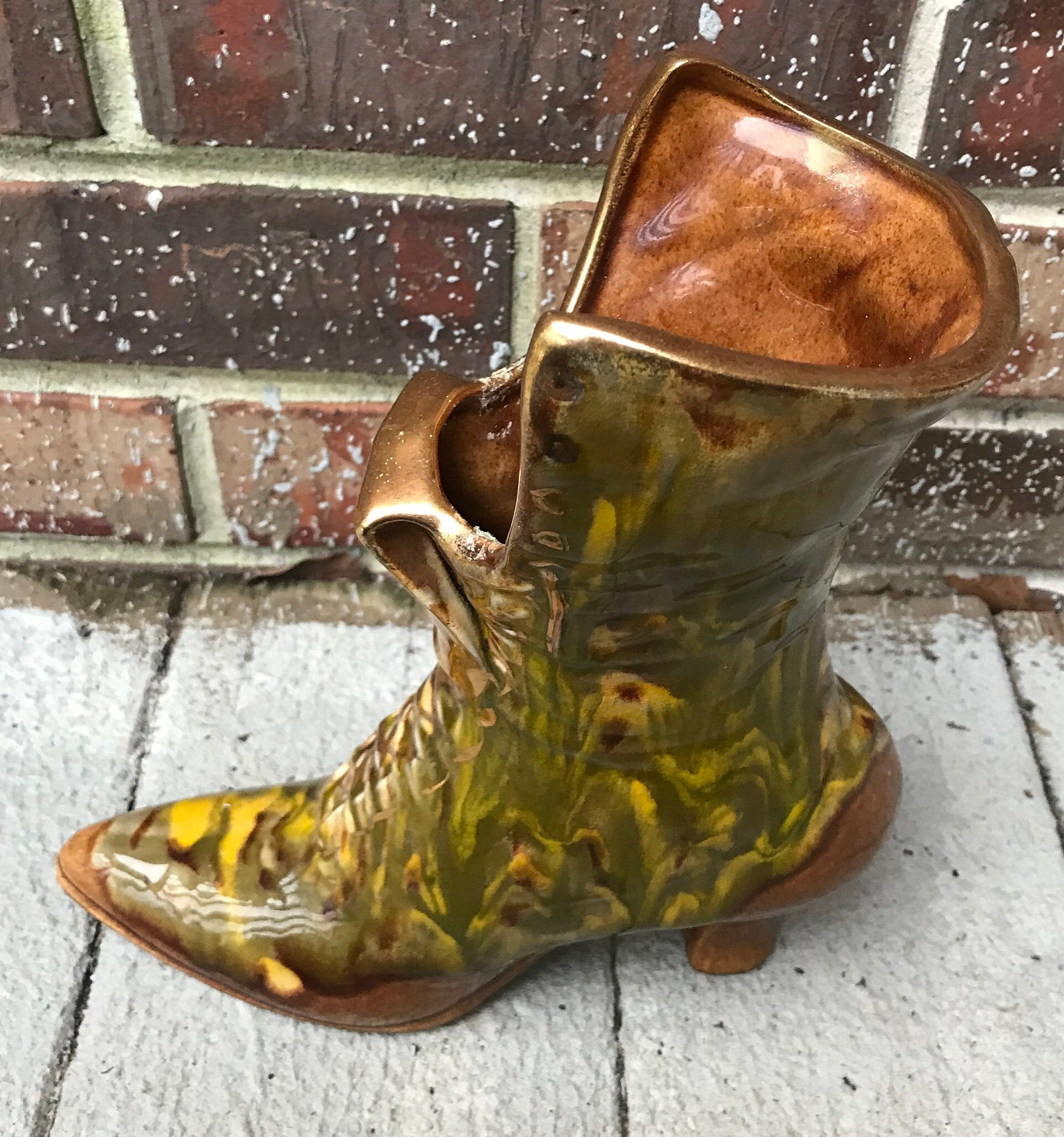 Vintage Shoe Boot Planter in Unique Greens, Brown and Gold **BIG ...
