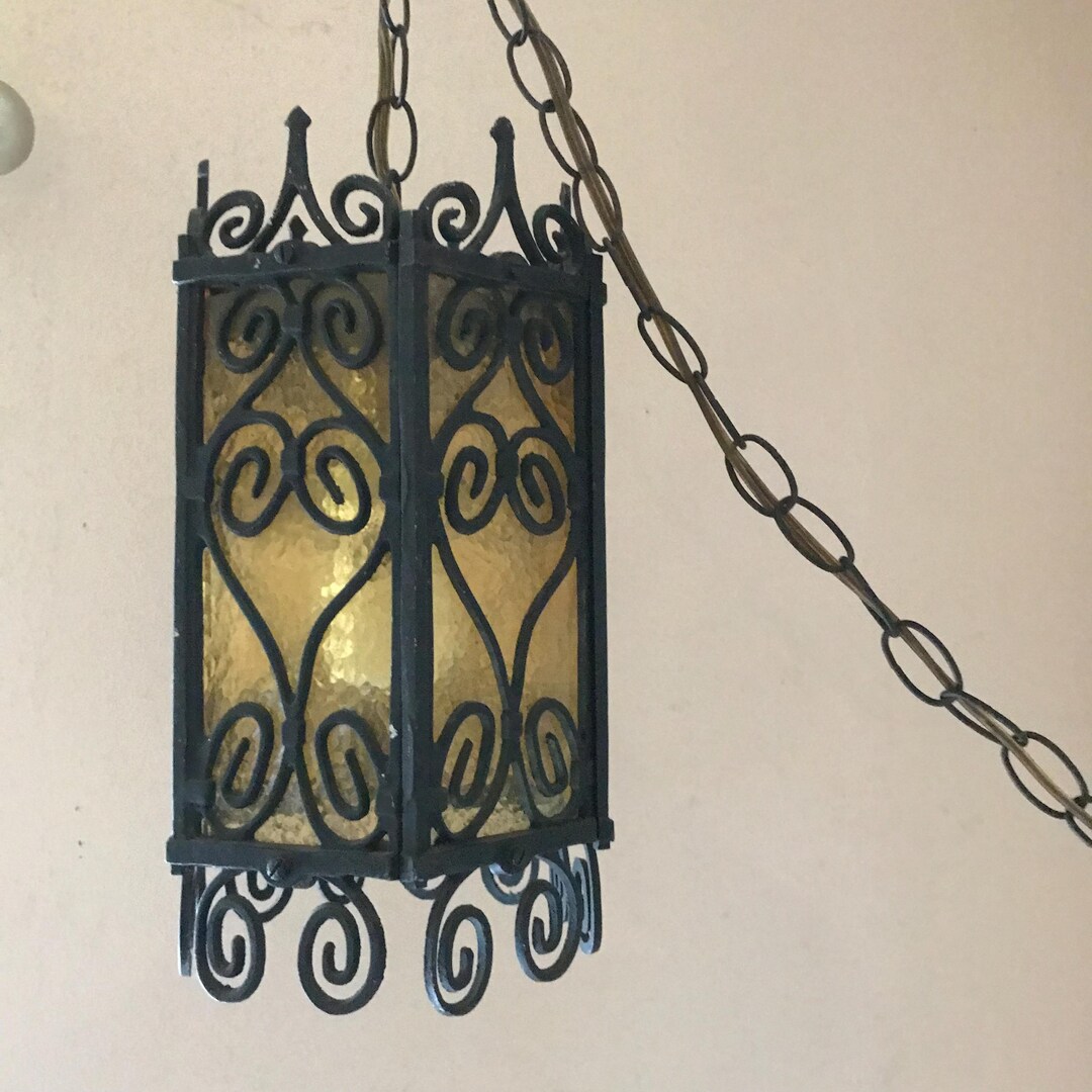 Mid Century Gothic Swag Light Black With Amber Panels Medieval Cast ...
