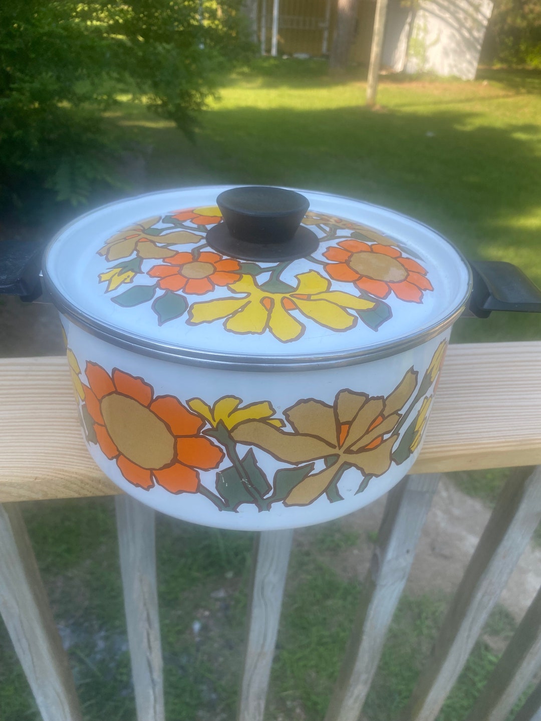 Retro Pan With Lid Enamel Handles Soup Stew Flower Power Floral - Etsy