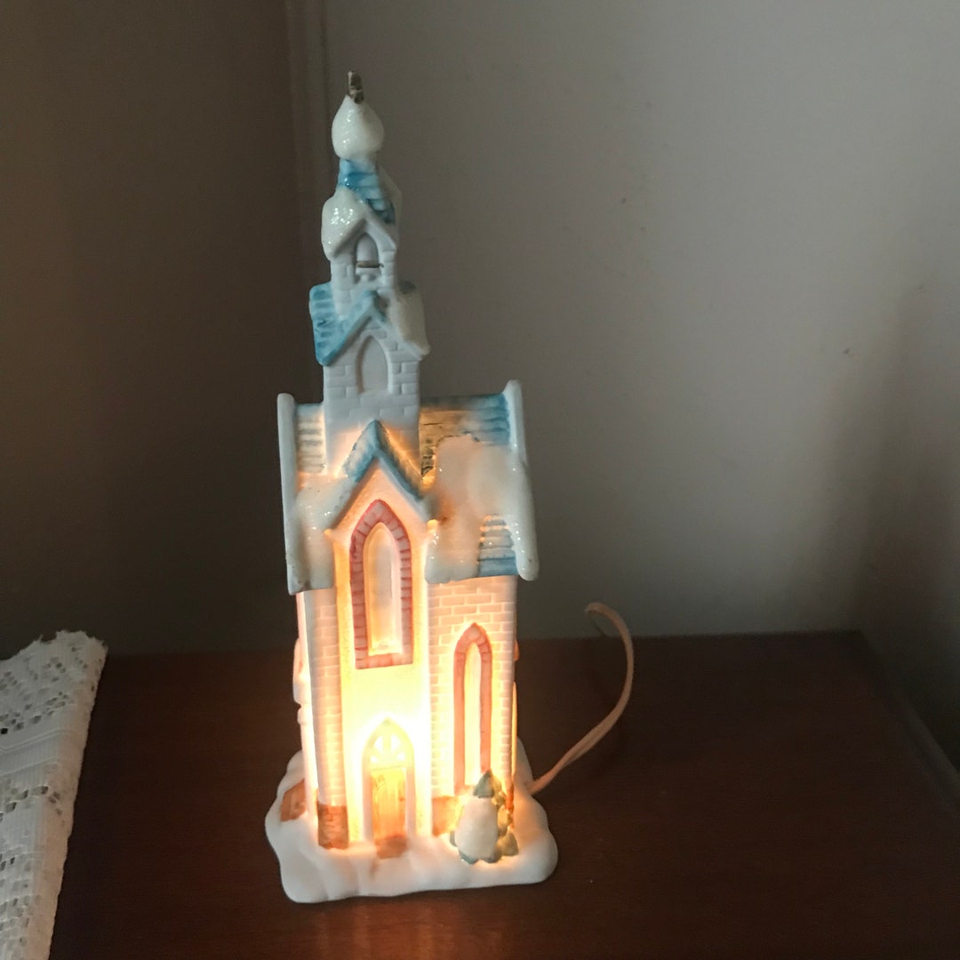 Lighted Ceramic Christmas Church Exquisite Detail Sparkling Snow 11 ...