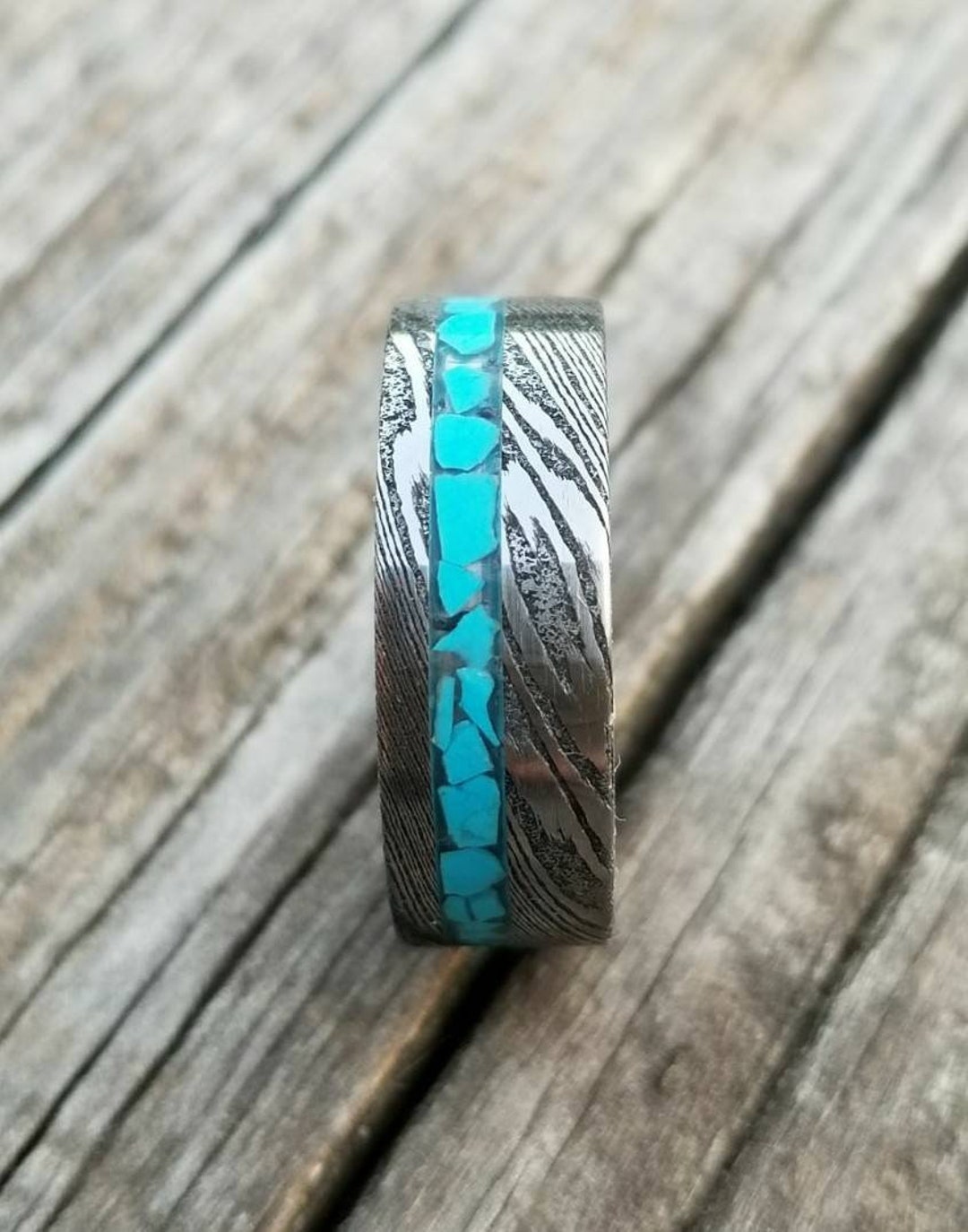 Stainless Damascus Ring Twist Pattern Genuine Turquoise Inlay High ...