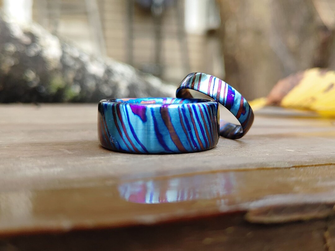 Mosaic Pattern Pure Titanium Damascus Wedding Ring Set|viking Ring ...