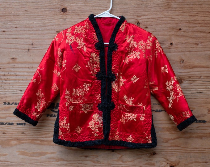 Vintage, Chinese, Quilted, Satin, Jacket, Red and Black, Faux Fur Trim ...