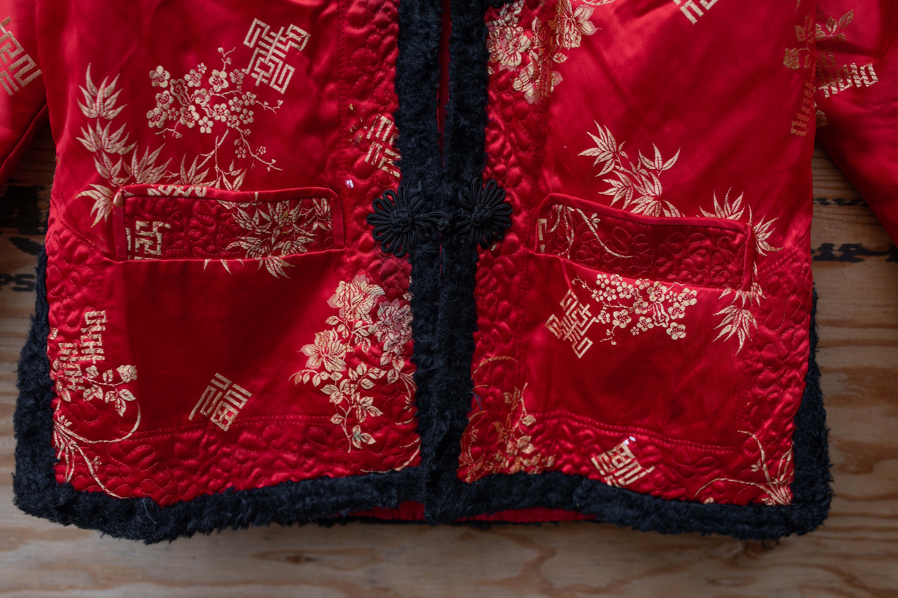 Vintage, Chinese, Quilted, Satin, Jacket, Red and Black, Faux Fur Trim ...