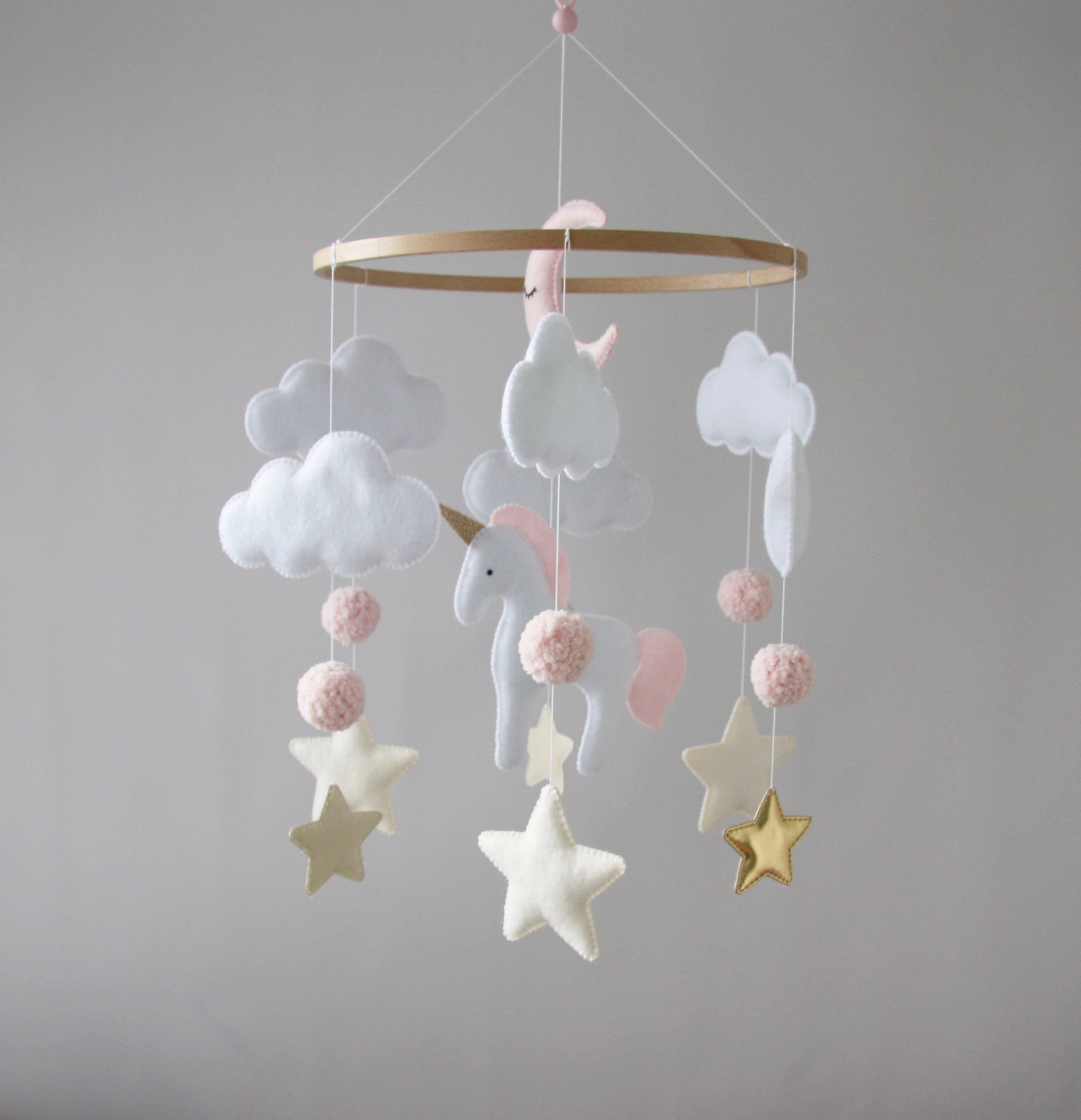 Unicorn Nursery Mobile Handmade, Felt Baby Crib Mobile Girl, Pink Gold ...