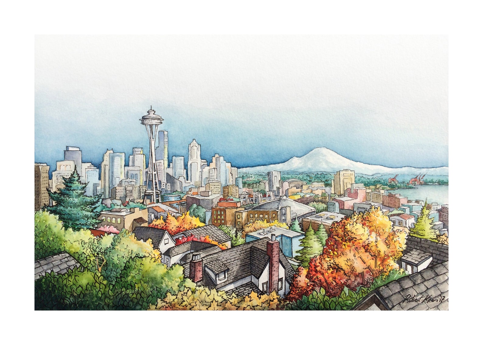 Seattle - Watercolor Archival Print, City Skyline View From Kerry Park ...